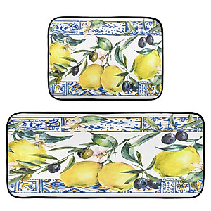 Washable Kitchen Rugs Set 2 Piece Watercolor Lemon Olive Branches Anti Fatigue Floor Mats Bathroom Carpet, 27"x19" and 47"x19"