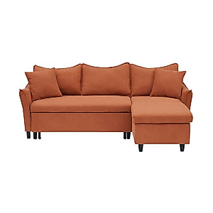 FHUKMZOI 80" Corduroy L-Shaped Convertible Sectional Couches Sofa with Reversible Storage Chaise, Pull-Out Sleeper Sofa Bed with Throw Pillows for Living Room, Office, Apartment (Orange)