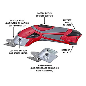 Great Working Tools Cordless Scissors - Electric Power with Blades for Sewing Crafting Fabric Paper Cardboard, 3.6v Li-Ion Battery - Red - 2 Blades