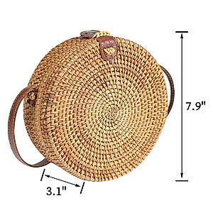 Round Rattan Bag for Women Straw Bag Handwoven Beach Bohemian Shoulder Purse by Enmain