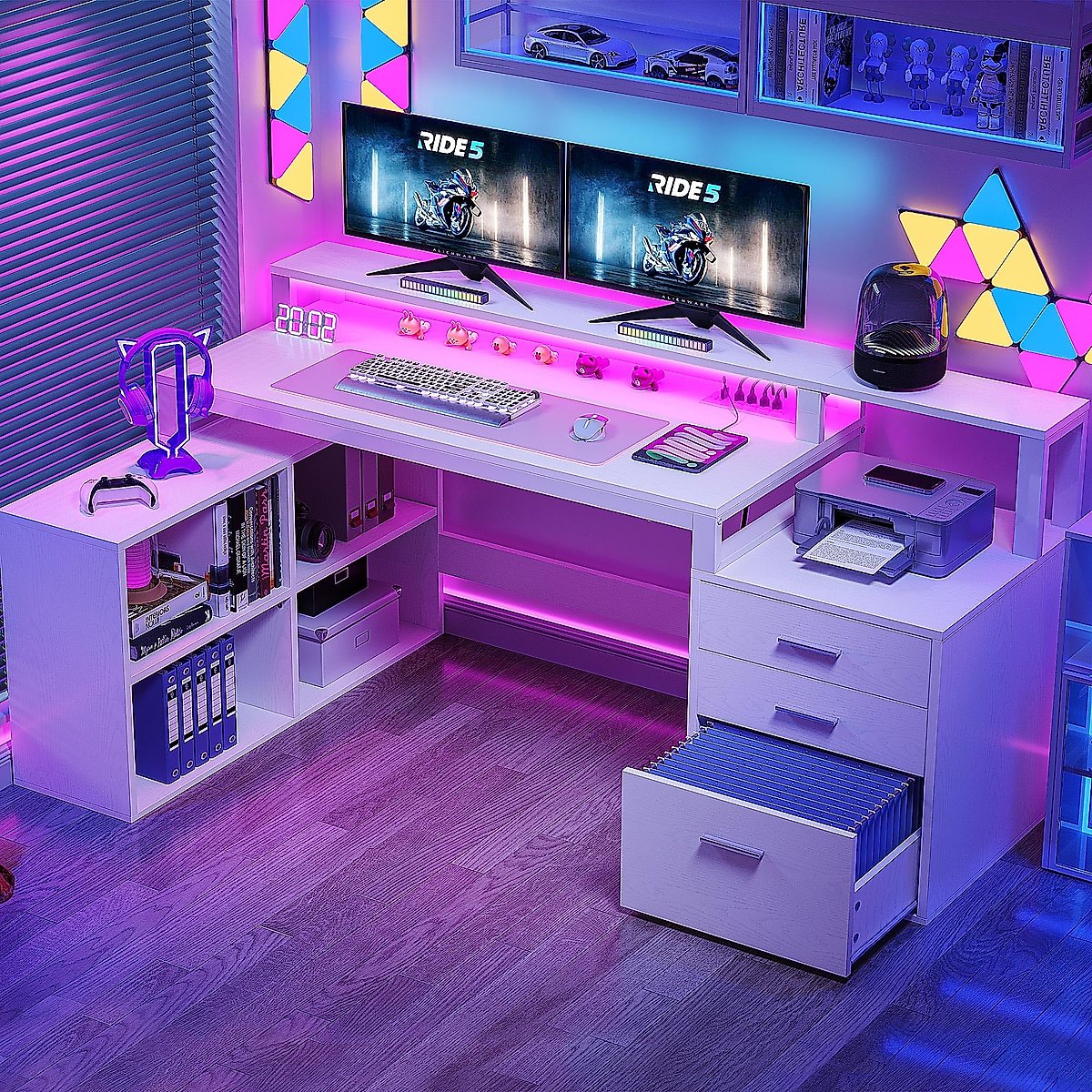 YITAHOME L Shaped Desk with 3 Drawers, 65" Corner Computer Desk with Power Outlets & LED Lights, L-Shaped Desk with File Cabinet & Printer Stand for Home Office, White