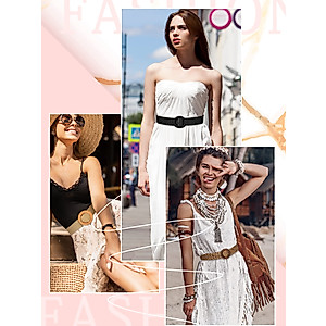 Geyoga 6 Pack Women Straw Belt Woven Elastic Stretch Waist Belt Skinny Braided Waist Belt Boho Rattan Belts with Wood Buckle Belts for Women Dress Belt, 2 Sizes