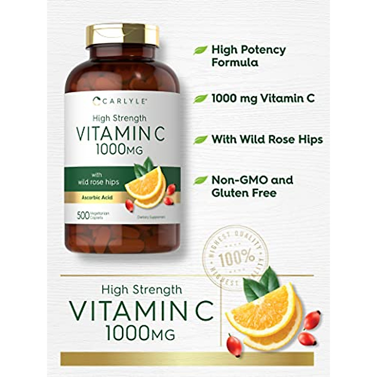 Carlyle Vitamin C 1000mg | 500 Vegetarian Caplets | Ascorbic Acid with Wild Rose Hips | High Strength Formula | Non-GMO and Gluten Free Supplement