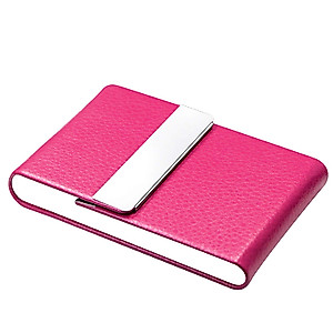 Padike PU Leather Business Card Holder for Women Professional Business Name Card Holder Stainless Steel Business Card Case with Magnetic Shut (Rose red)