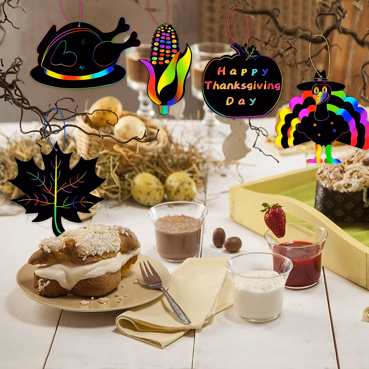 50 Pack Thanksgiving Scratch Art Paper Crafts Kit, Fall Thanksgiving Rainbow Paper Crafts Kit for Kids, DIY Pumpkin Turkey Maple Hanging Ornaments for Thanksgiving Fall Harvest Party Decoration