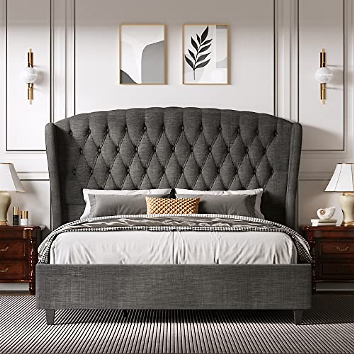 Jocisland Upholstered Bed Frame King Size Wingback Platform Bed Frame Tufted and Headboard Tall Linen Bed Frame/No Box Spring Needed/Wood Slat (Dark Grey)