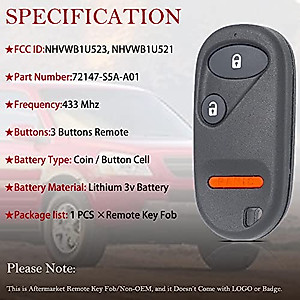 Key Fob Remote Replacement Fits for Honda Civic 2001 2002 2003 2004 2005 / Honda Pilot 2003 2004 2005 2006 2007 NHVWB1U523 / NHVWB1U521 Keyless Entry Remote Control 72147-S5A-A01