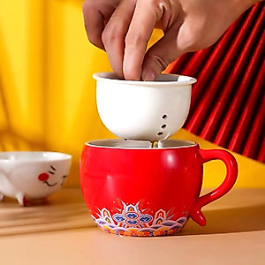ARISKEY Ceramic Tea Mug with Infuser and Lid,Cute Cat Tea Cup with Filter for Steeping Loose Leaf, Handmade Porcelain Teacup, 3D Funny Novelty Mug for Home Office (Red)