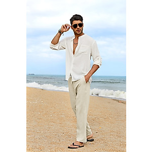 COOFANDY Men's Linen Beach Pants Loose Fit Drawstring Casual Pants Lightweight Baggy Cotton Trousers, Beige, X-Large