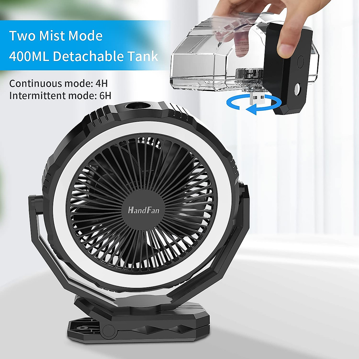 10000mAh Misting Fan Portable with Detachable Water Tank 400ml, 8 Inch Powerful Cool Mist Clip Fan, Battery Operated Rechargeable Fan, 2 Mister Modes, Sleep Timer, LED Lights, for Golf Cart, Outdoors