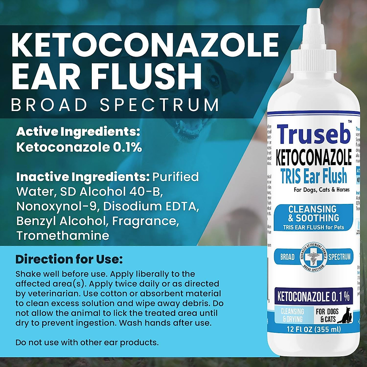 Pet Health Pharma Truseb | Dog Ear Flush Ketoconazole Dog Ear Wash, Cats and Horses, Ketoconazole Tris Ear Flush for Dogs (12 oz) Made in U.S.A (Ketoconazole Ear Flush, 12 oz)