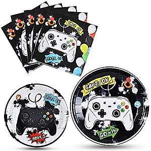 WERNNSAI Watercolor Video Game Party Plates and Napkins - Gaming Birthday Party Supplies for Boys Game Lovers Disposable Dinner Dessert Cake Paper Plates Lunch Napkins Serves 16 Guests 48 PCS