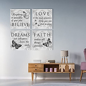 Canvas Wall Art Butterfly Grey Inspirational Quotes Love Dream Faith Believe Bathroom Bedroom Wall Decor Posters Picture Prints (12x12inch, Grey)