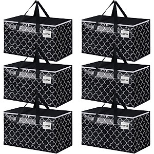 HomeHacks Storage Bags, Heavy Duty Moving Bags, Moving Boxes with Tag Pockets, Zippers & Carrying Handles, Collapsible Storage Totes for Storing, Camping, Packing & Moving Supplies, Black 88L, 6 Pack
