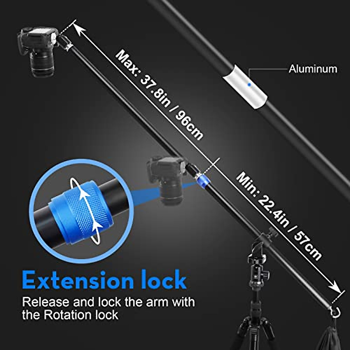 KapSnug 22-37 Inch Aluminum Tripod Extension Arm Overhead Camera Mount, Horizontal Retractable Center Column, 360-degree Ball Head, 170-degree Angle Adjustable Arm, Tripod not Included
