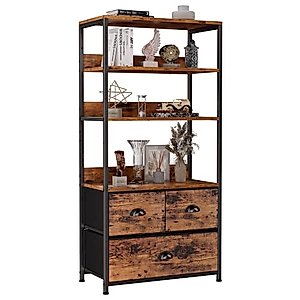 Furologee Tall Storage Shelf 4-Tier,Bookshelf Rack with 3 Fabric Storage Drawers, Wood top for Photos, Display in Bedroom,Living Room, Office, Kitchen