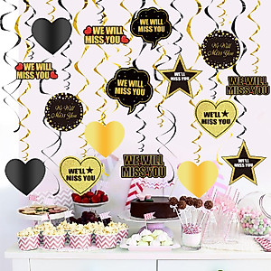 Lnlofen We Will Miss You Hanging Swirls Going Away Party Decorations, 24pcs Black Gold Farewell Party Hanging Swirl Decor Supplies, Great for Good Bye Party Retirement Office Work Party