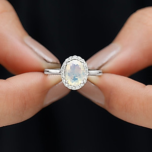 Rosec Jewels Natural Ethiopian Opal Halo Engagement Ring with HI-SI Diamond | 1.50 Cttw | AAA Quality, 14K White Gold, Size:US 4.50