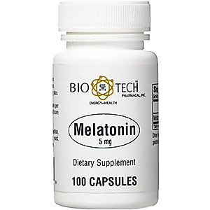 Bio-Tech Pharmacal Melatonin (5 mg), 100 Capsules – All-Natural Supplement – Support Sleep, Cardiovascular, Immune, & Bone Health – No Dairy, Fish, Gluten, Peanut, Shellfish, GMOS, & Soy – No