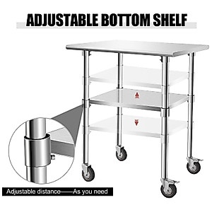 KODOM Food Prep Stainless Steel Table 36" x 30", Heavy Duty Workbench with Adjustable Under Shelf, Commercial Worktable with 4 Casters for Commerical Kitchen, Restaurant, Home and Hotel