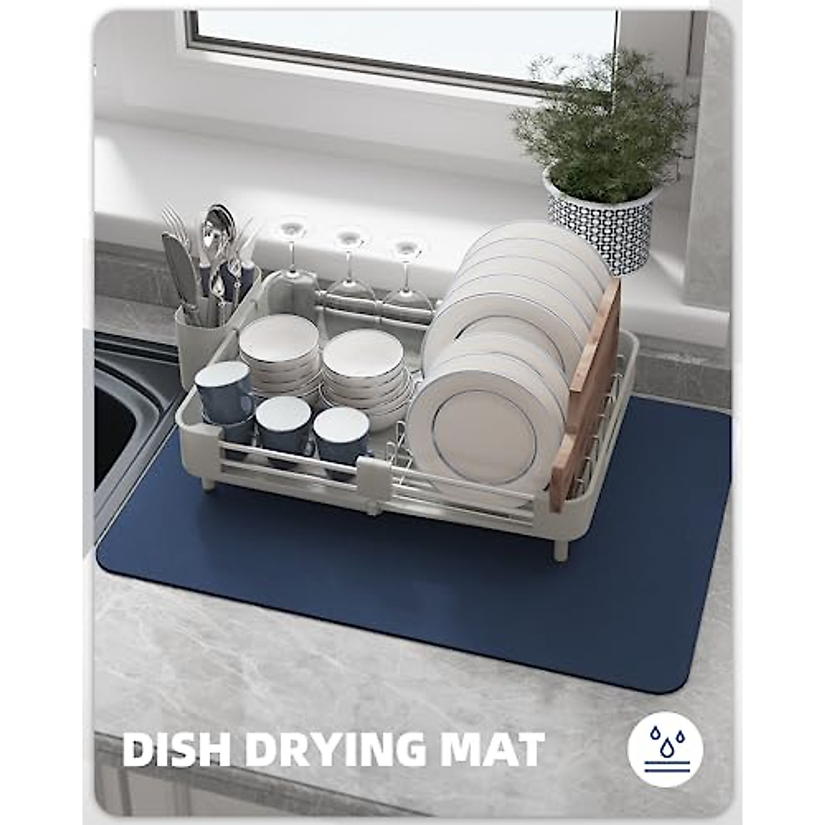 Color&Geometry Dish Drying Mats for Kitchen Counter, Dish Drying Rack Mat Strong Absorbent Water and Quick Dry , Kitchen Counter Mat Non Slip, Blue Coffee Maker Mat, 16"X24"