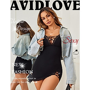 Avidlove Lingerie for Women Sexy Nightgown Full Slip Lace Chemise Sleep Babydoll Lingerie Dress(Black XS)