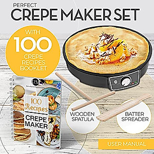Crepe Maker Machine (Easy to Use), Pancake Griddle – Nonstick 12” Electric Griddle – Pancake Maker, Batter Spreader, Wooden Spatula – Crepe Pan for Roti, Tortilla, Blintzes – Portable, Compact