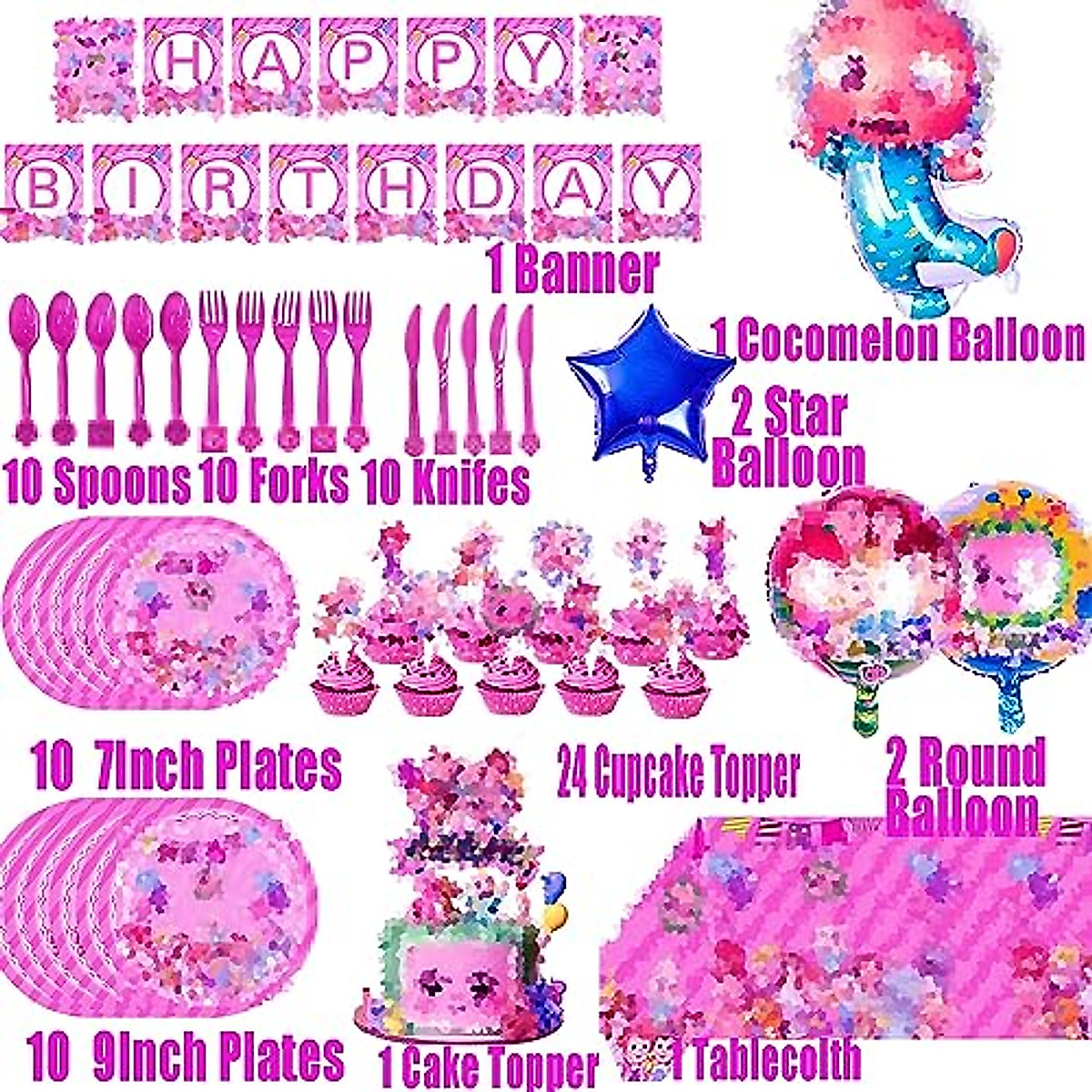 Pink Cartoon Party Supplies Favors, Birthday Decoration Include Banner, Plates, Tablecloth, Forks, Cake Topper, Foil Balloons Tableware for Kids Pink Cartoon Birthday Boys and Girls