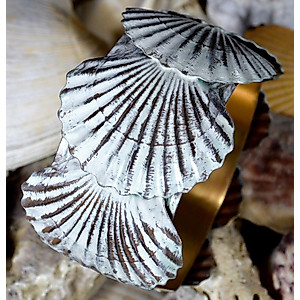 Elaine Coyne Wearable Art White Chocolate Patina Brass Overlapping Scallop Shells Cuff Bracelet