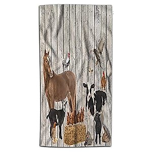 Wondertify Wooden Wall Hand Towel Farm Little Animals Horse Cow Hand Towels for Bathroom, Hand & Face Washcloths 15X30 Inches