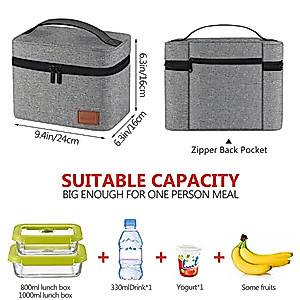 Aosbos Insulated Lunch Box for Men Women, Reusable Lunch Tote Bag Soft Lunch Cooler Bags Adult Thermal Lunch Boxes Lunch Pail Meal Prep Container with Back Pocket for Work Office Outdoor, Gray
