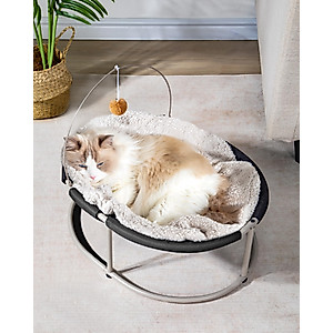 Hzuaneri Oval Raised Cat Bed, Elevated Pet Hammock, for Kitty Cat Small Dog with Pompom, Detachable and Washable, Easy Assembly Cat Cot Excellent Breathability, for Indoors & Outdoors, Black PB06701X