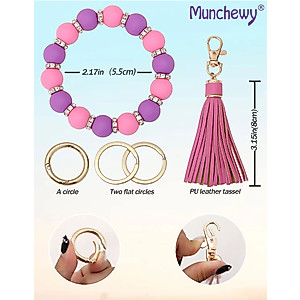 Munchewy Silicone Key Ring Bracelet for Women, Elastic Beaded Wristlet Keychain Key Holder for Women's Day Gift(Brown/Pearl)