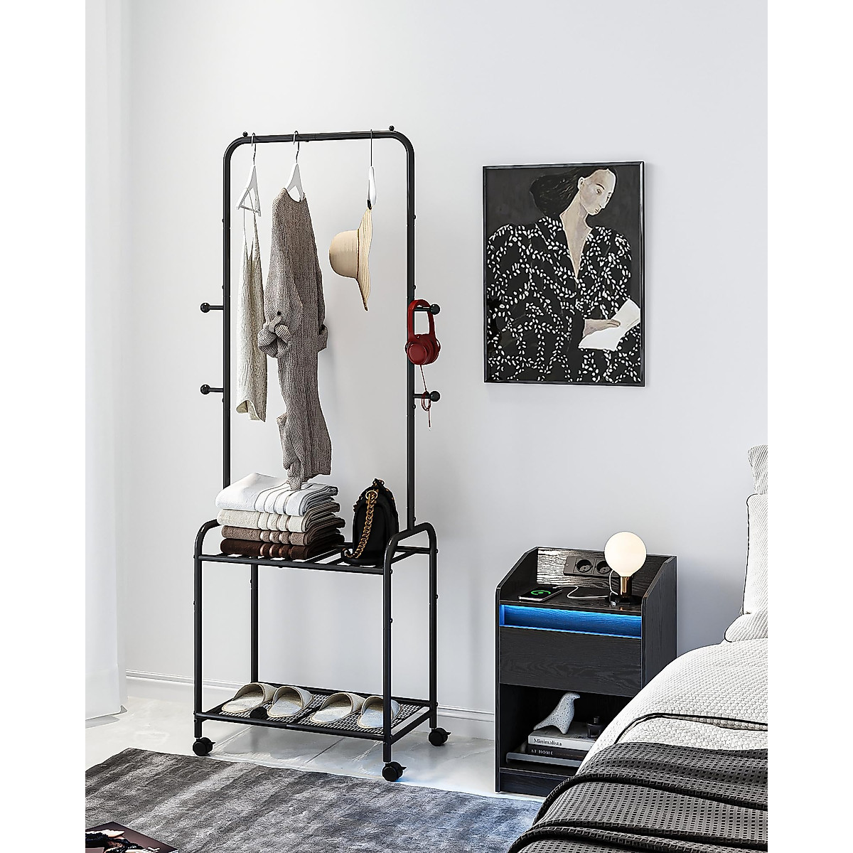 Hzuaneri Clothes Rack, Garment Rack with 2-Tier Storage Shelf, 2-In-1 Design, Clothing Rack with 4 Wheels, Metal Frame Shoe Rack, Coat Rack with 4 Hooks for Bags, 220 lb Max, Black GR07660B