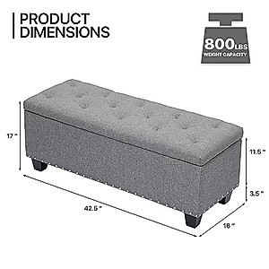 MoNiBloom 42 Inch Long Storage Ottoman for Bedroom, Contemporary Grey Linen Tufted Bench Footrest Foot Stool Upholstered Rectangular Ottoman with 40L Inner Space, 660 Lbs Capacity