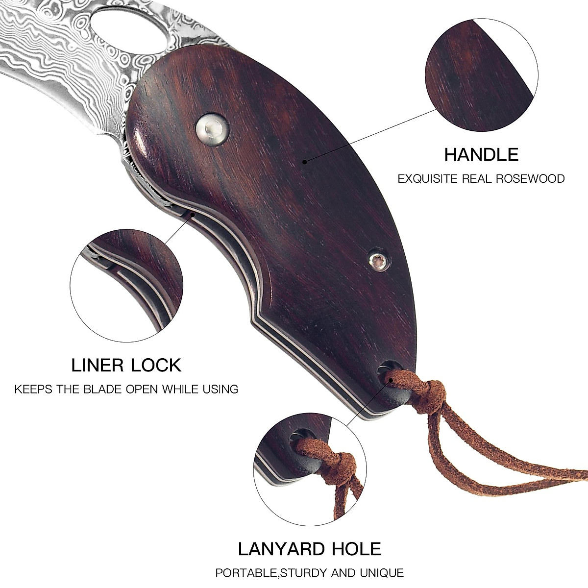 EZKIT Damascus Pocket Knife, Small Folding Wood Handle EDC Knife, Blade Length 2in