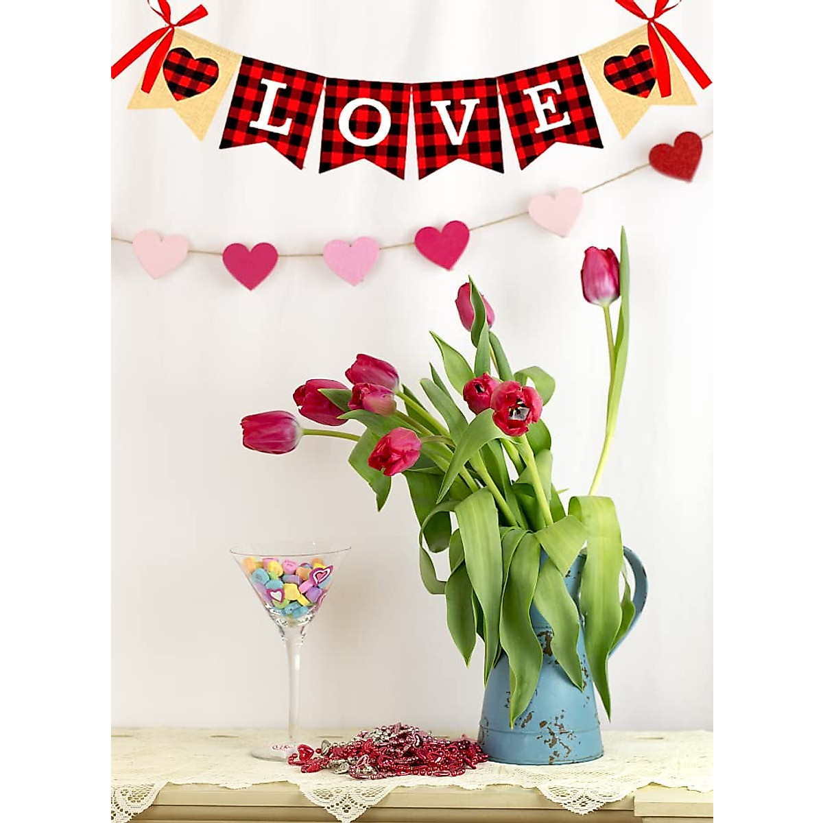 Gukuu&co Valentine's Day Decoration Buffalo Plaid Burlap Banner Red Love Signs for Wedding Anniversary Valentine's Decor