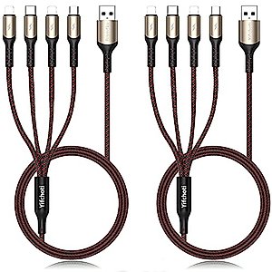 [ 2Pack 4FT] Multi Charging Cable Nylon Braided Universal 4 in 1 Multiple USB Cable Fast Charging ,With Dual Phone/USB-C/Micro-USB Port Adapter, Compatible with Cell Phones Tablets Universal Use