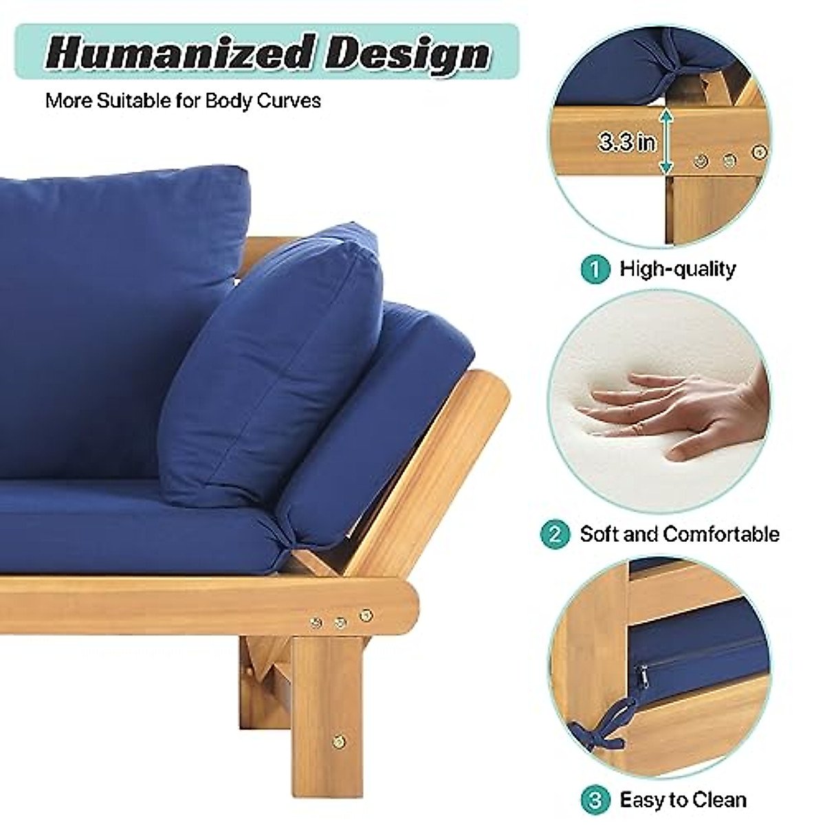 Yewuli Wooden Outdoor Futon Sofa, Couch with Adjustable Armrest,Convertible Outdoor Sofa Daybed with Expandable Plate,Acacia Wood Expandable Sofa with Cushions and Pillows for Backyard, Balcony,Patio