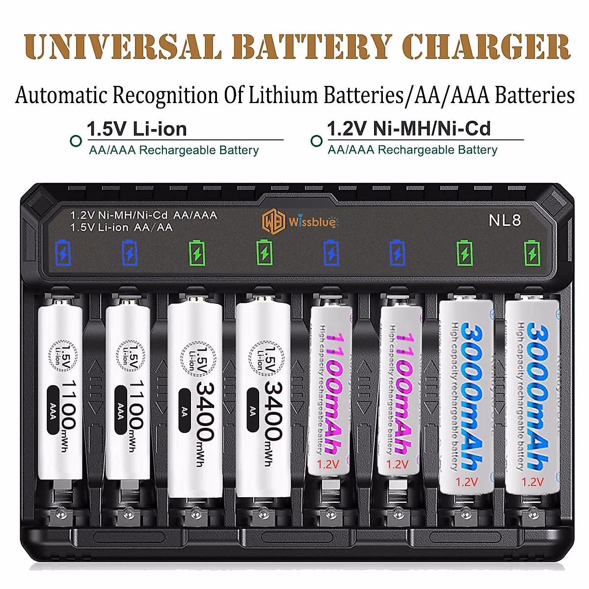 NL8 1.5V 1.2V Universal Battery Charger 8Bay, Rechargeable Battery Charger with C USB Input, AA AAA Battery Charger for 1.5V/1.2V/14500 Li-ion Rechargeable AA AAA Batteries
