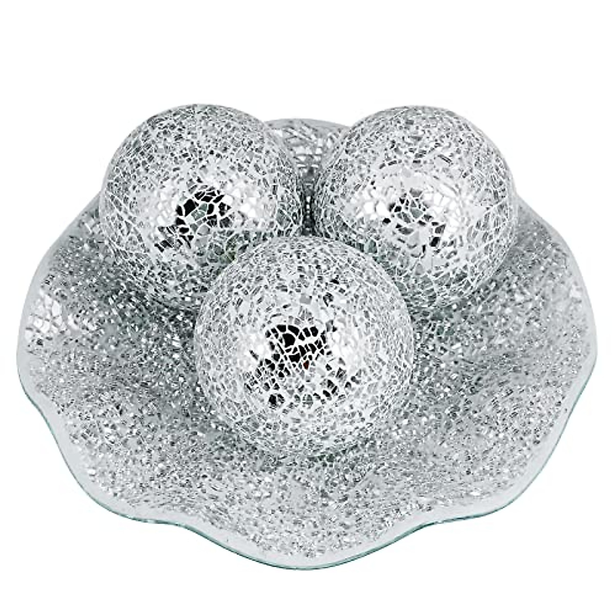 MDLUU Centerpiece Bowl and Balls Set, Mosaic Tray with 3 Pieces Spheres, 12" Decorative Plate with 4" Mosaic Orbs for Home Decor, Gift (Silver)