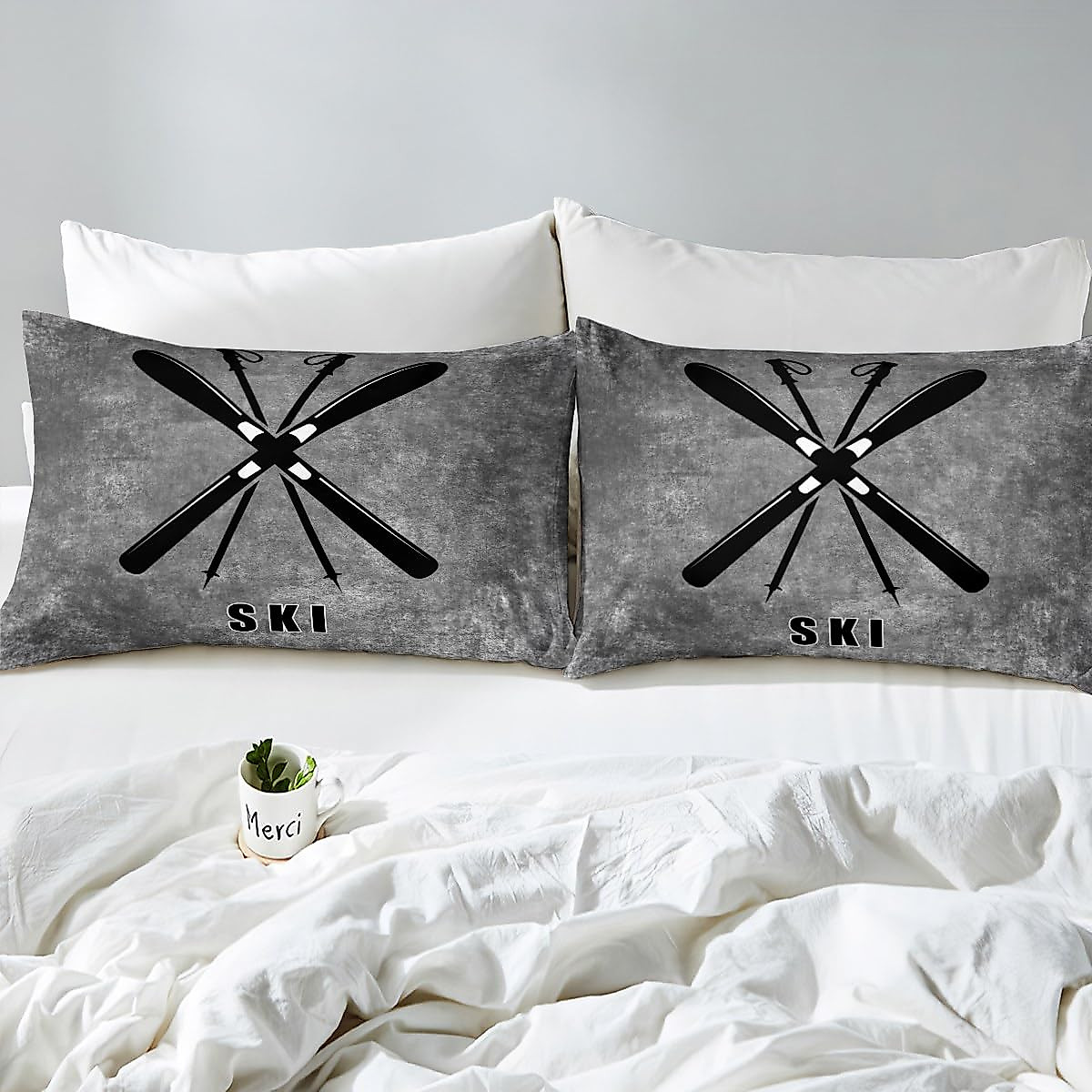 Ski Sheet Sets Twin Size Black Snowboard Grey Tie Dye Bedding Set 3Pcs for Kids Boys Girls Adult Room Decor Ski Sports Gaming Bed Sheet Skiing Lover Fashion Fitted + Flat Sheet,1 Pillowcase