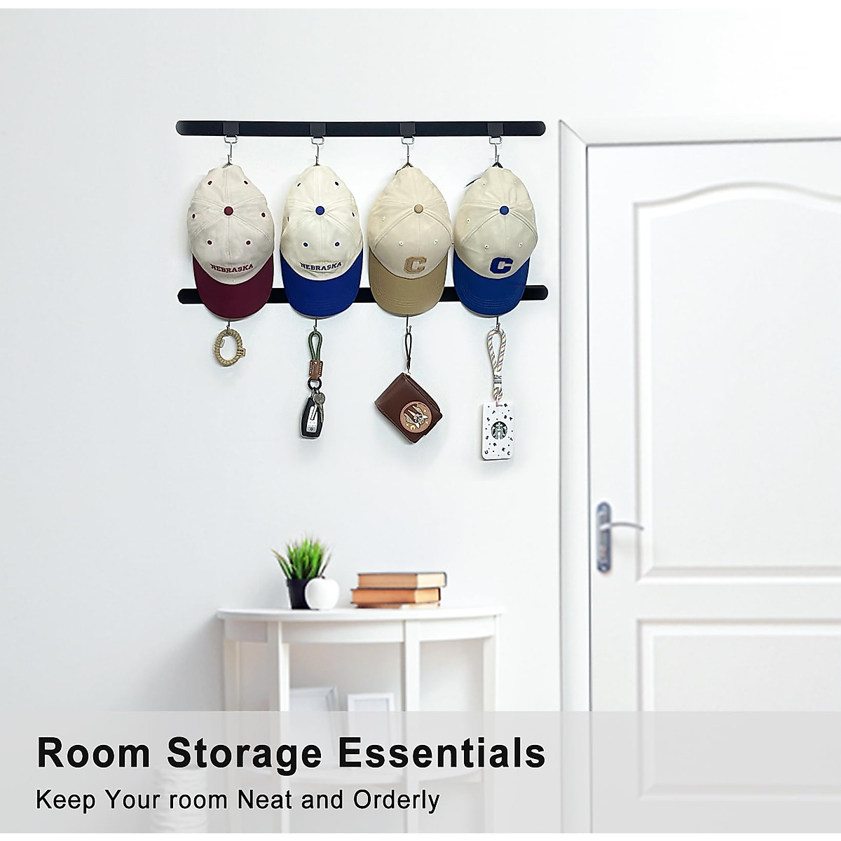 ETOWIFA Adhesive Hat Organizer Rack for Baseball Caps [Up to 24 Caps] Hat Hangers Holder Display for Wall, Over Door Closet, Room/College Dorm Storage - 2 Magic Strips with 8 Removable Hooks