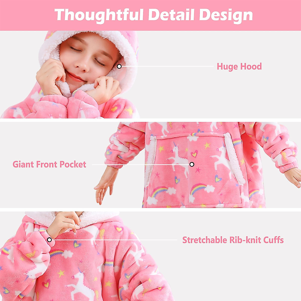 Wearable Blanket Hoodie for Kids, Super Warm and Soft Sherpa Flannel Sweatshirt Blanket with Giant Pocket, Hooded Blanket for 6-10 Year Old Girls Gifts, Pink Unicorn