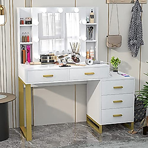 PAKASEPT Vanity Makeup Desk with Lights and Charging Station, Dressing Table Vanity Desk with Mirror and Lights,Storage Shelves, Drawers for Bedroom,White