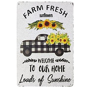 TISOSO Farm Fresh Sunflower to Our Home Retro Truck Vintage Metal Tin Signs Farmhouse Kitchen Wall Decorative Garden Country Home Decor 8X12Inch