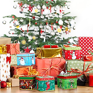 12 Pieces Christmas Cookie Tins Xmas Square Candy Tinplate Tins Large Capacity Retro with Lids Cookie Containers for Storing Candies Biscuits Treat Tea Small Gift and More (Cute)