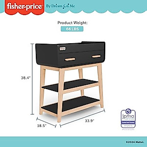 Fisher Price Iris/Siesta Changing Table by Dream On Me, Matte Black Vintage Oak, JPMA & Greenguard Gold Certified, with a Bottom Closed Drawer and Two Open Shelves for Storage