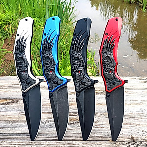 MADSMAUG Pocket Knife, Cool Pocket Folding Knife with 3D Embossed SKULL patterns, Great festival Halloween Christmas Gift EDC knife For Men Outdoor Survival Camping (Red)