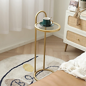 Gold Glass Small Drink Snack Accent Martini Table, C Shaped Side End Table, No-Assembly, 10" D x 28.5" H